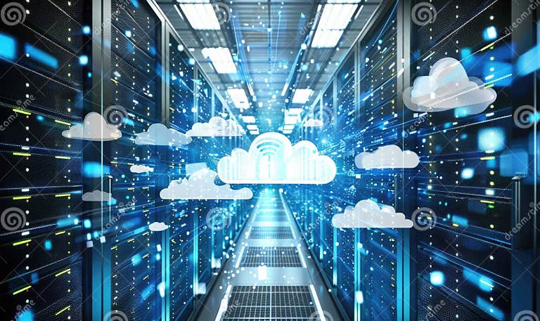 Cloud Computing Background with Server Racks and Digital Data Streams ...
