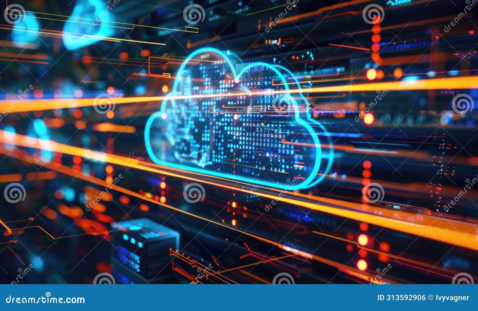 Cloud Computing Background with Server Racks and Digital Data Streams ...