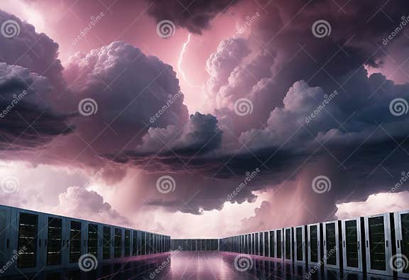 Cloud Computing Background with Server Racks and Digital Data Streams Stock Illustration ...