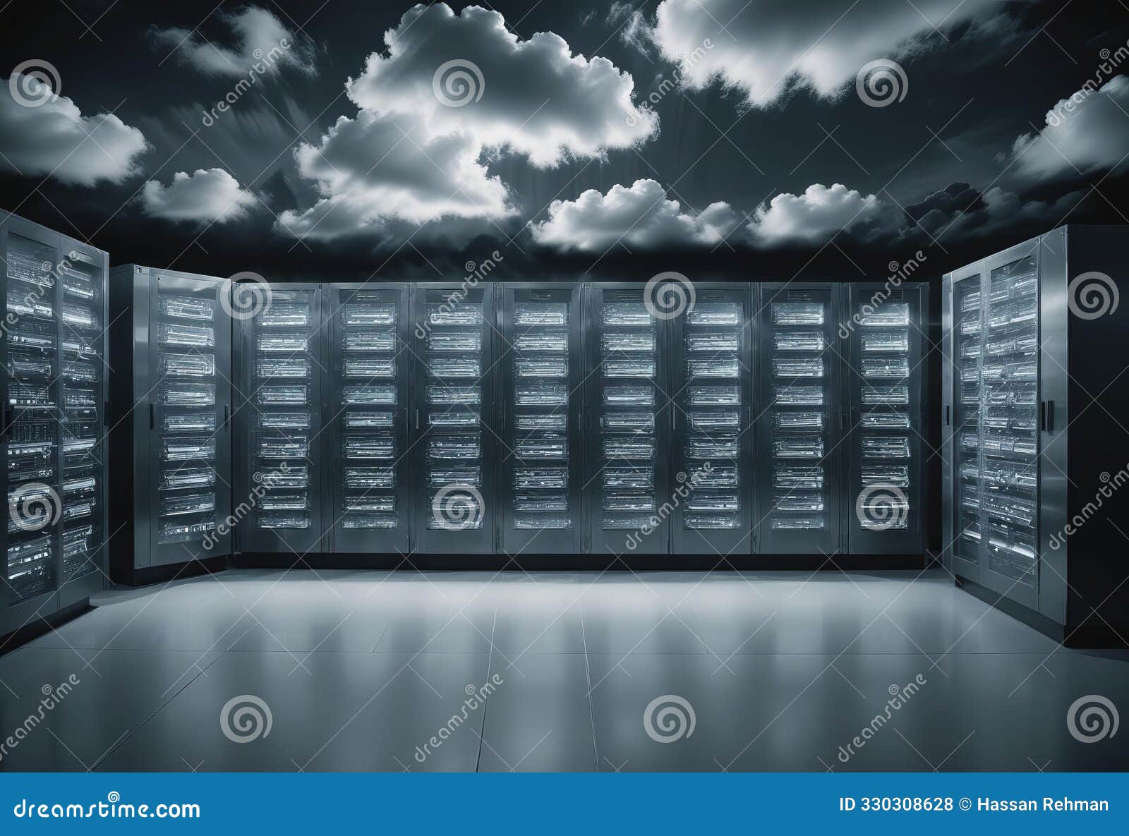 Cloud Computing Background with Server Racks and Digital Data Streams Stock Illustration ...