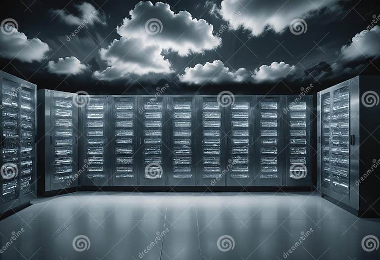 Cloud Computing Background with Server Racks and Digital Data Streams ...