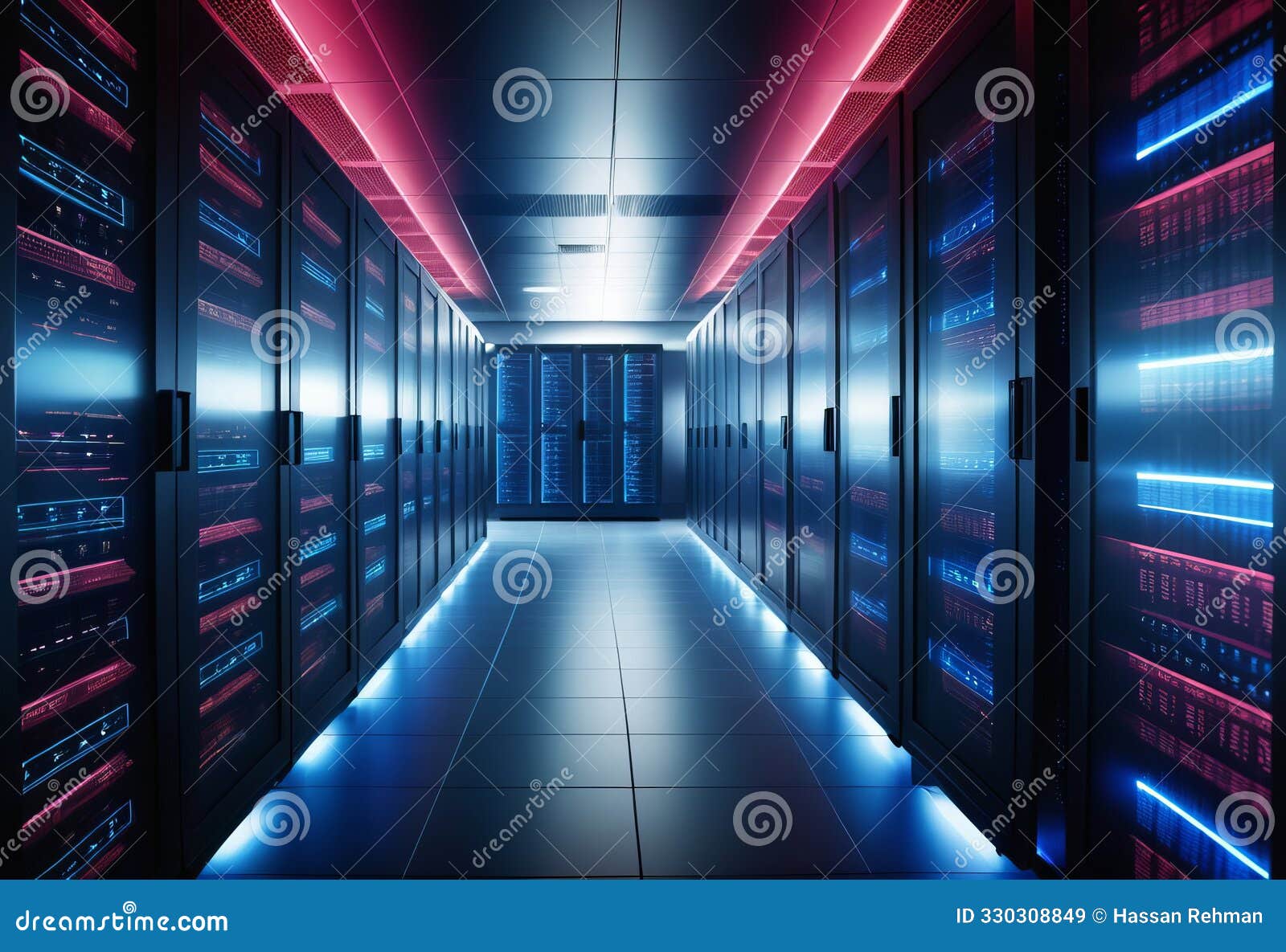 Cloud Computing Background with Server Racks and Digital Data Streams Stock Illustration ...