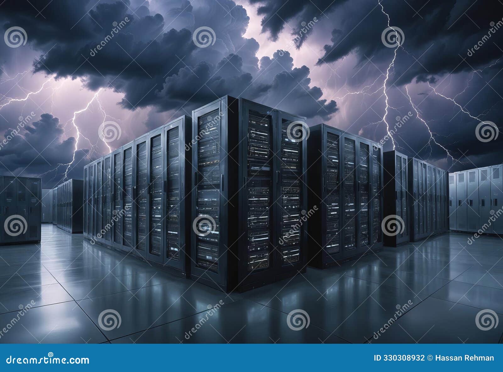 Cloud Computing Background with Server Racks and Digital Data Streams Stock Illustration ...