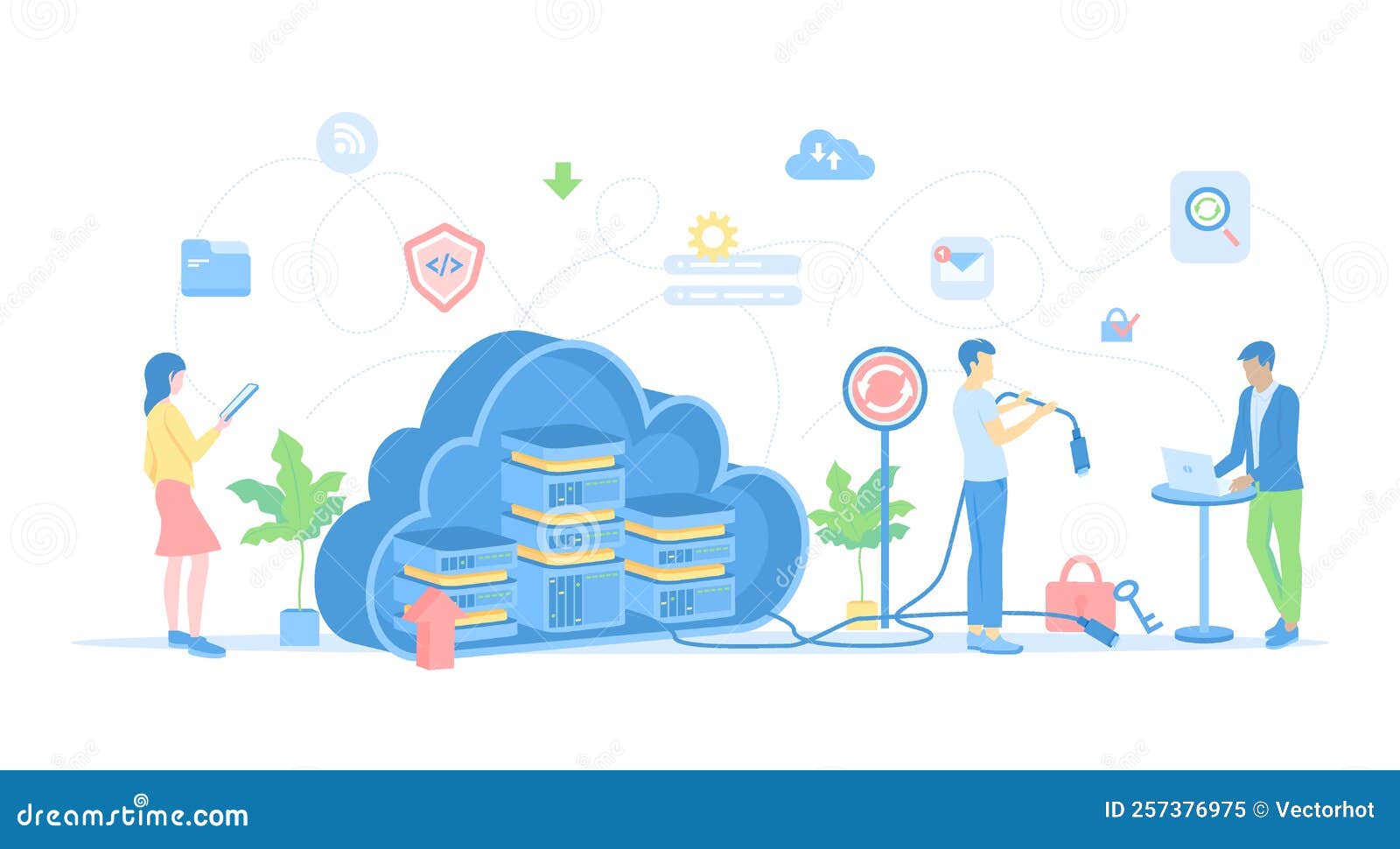 Cloud Computing. Cloud Technology, Data Storage, Hosting, Connection. Users Work with a Cloud ...
