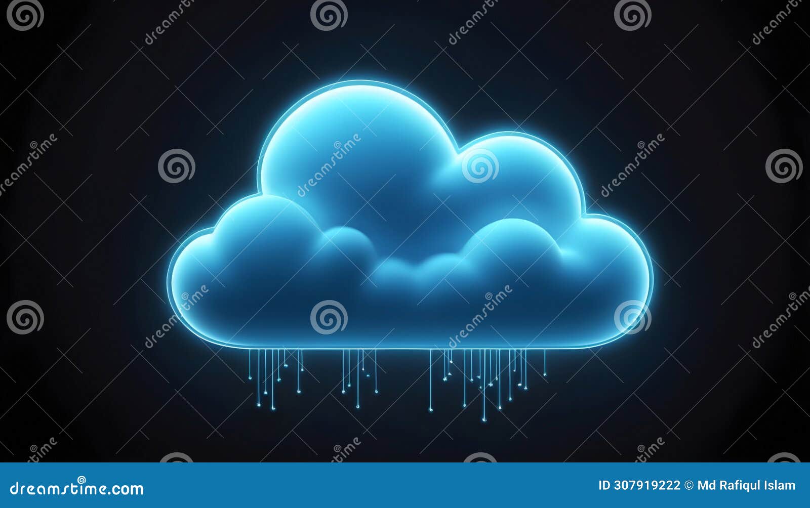 Cloud Computing Concept. 3D Rendering. Neon Blue Cloud on Dark ...