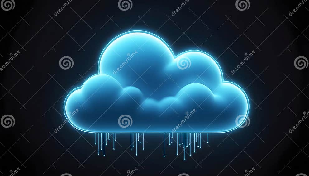 Cloud Computing Concept. 3D Rendering. Neon Blue Cloud on Dark ...