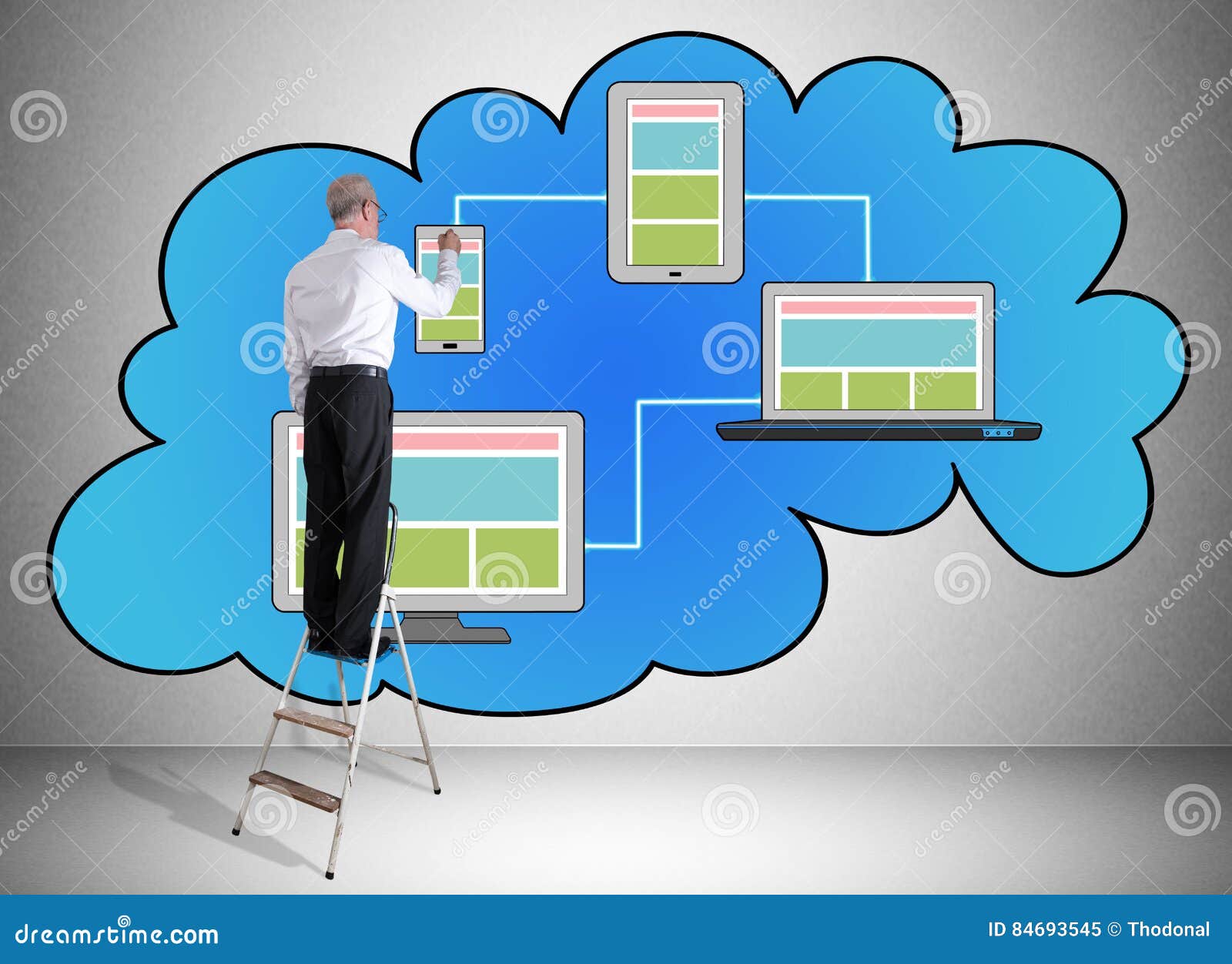 Cloud Computing Concept Drawn by a Man on a Ladder Stock Image - Image ...