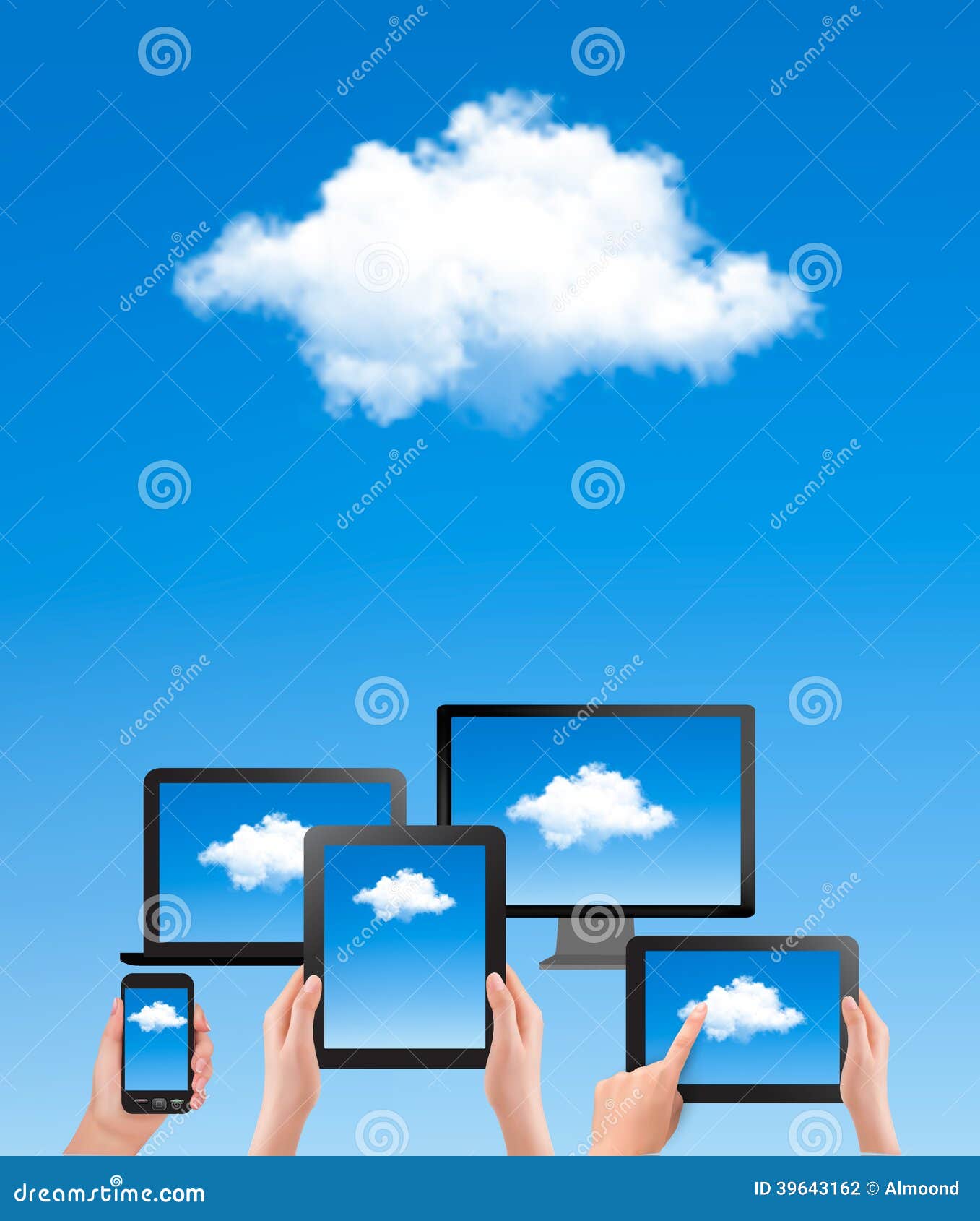 Cloud Computing Concept. Hand with Blue Sky and Wh Stock Vector ...