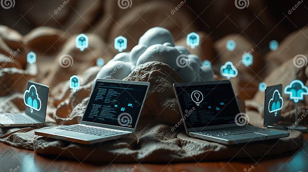 Cloud Computing Concept: Laptops Connected To a Cloud Server, Symbolizing Data Sharing and ...