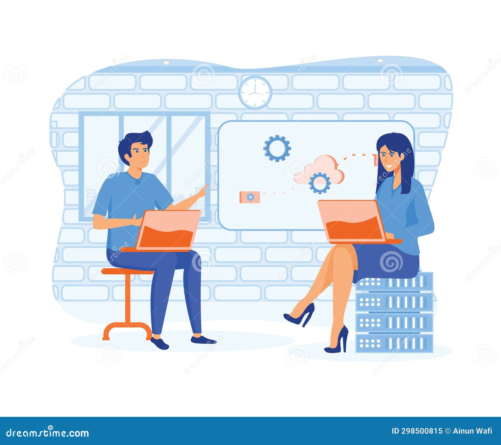 Cloud Computing Concept. Man and Woman Processing Information at Laptops Using Cloud Technology ...