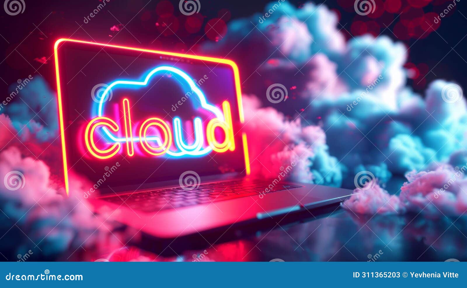 Cloud Computing Concept with Neon Laptop. Generative Ai Stock ...