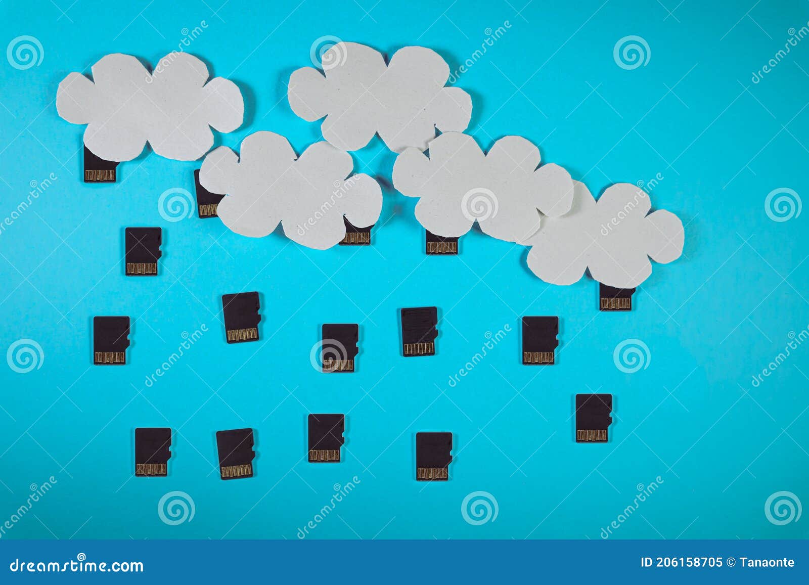 Cloud Computing Concept, Paper Clouds with Micro SD Cards As Raindrops ...