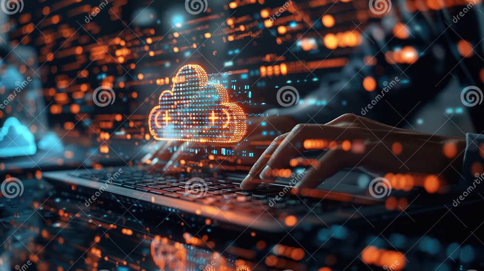 Cloud Computing Concept: Person Using Laptop with Binary Code Cloud Graphic Stock Illustration ...