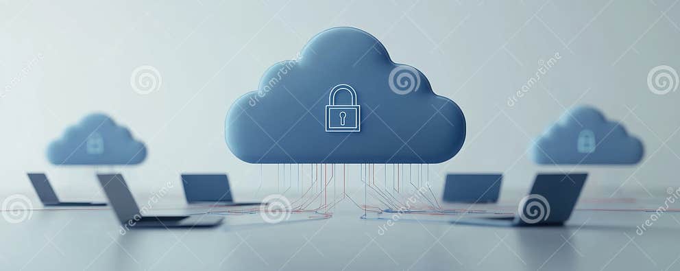 Cloud Computing Concept with Secure Data Connections and Multiple Laptops Connected To a Central ...