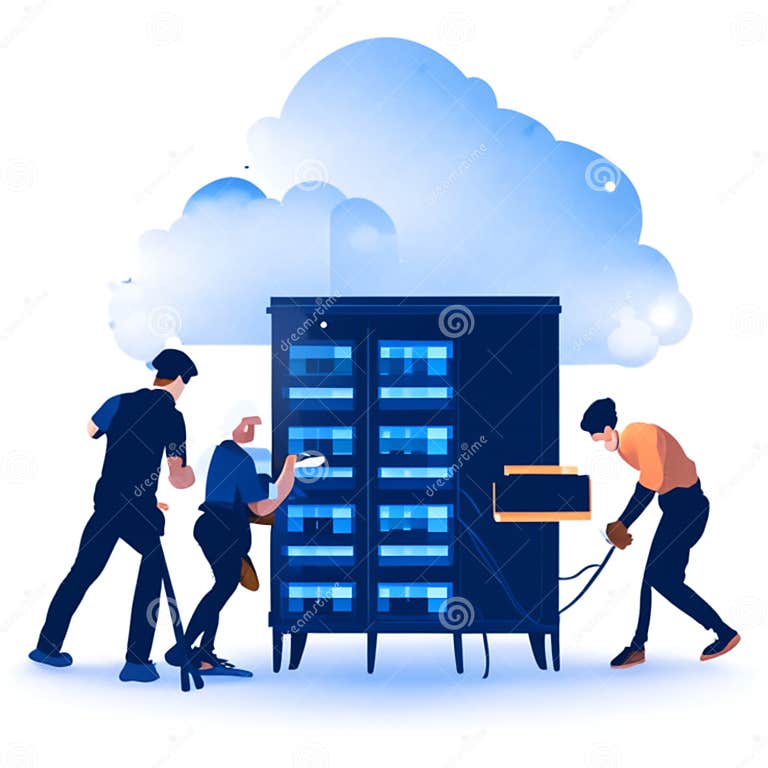 Cloud Computing Concept. Server Room with Servers and People Working ...