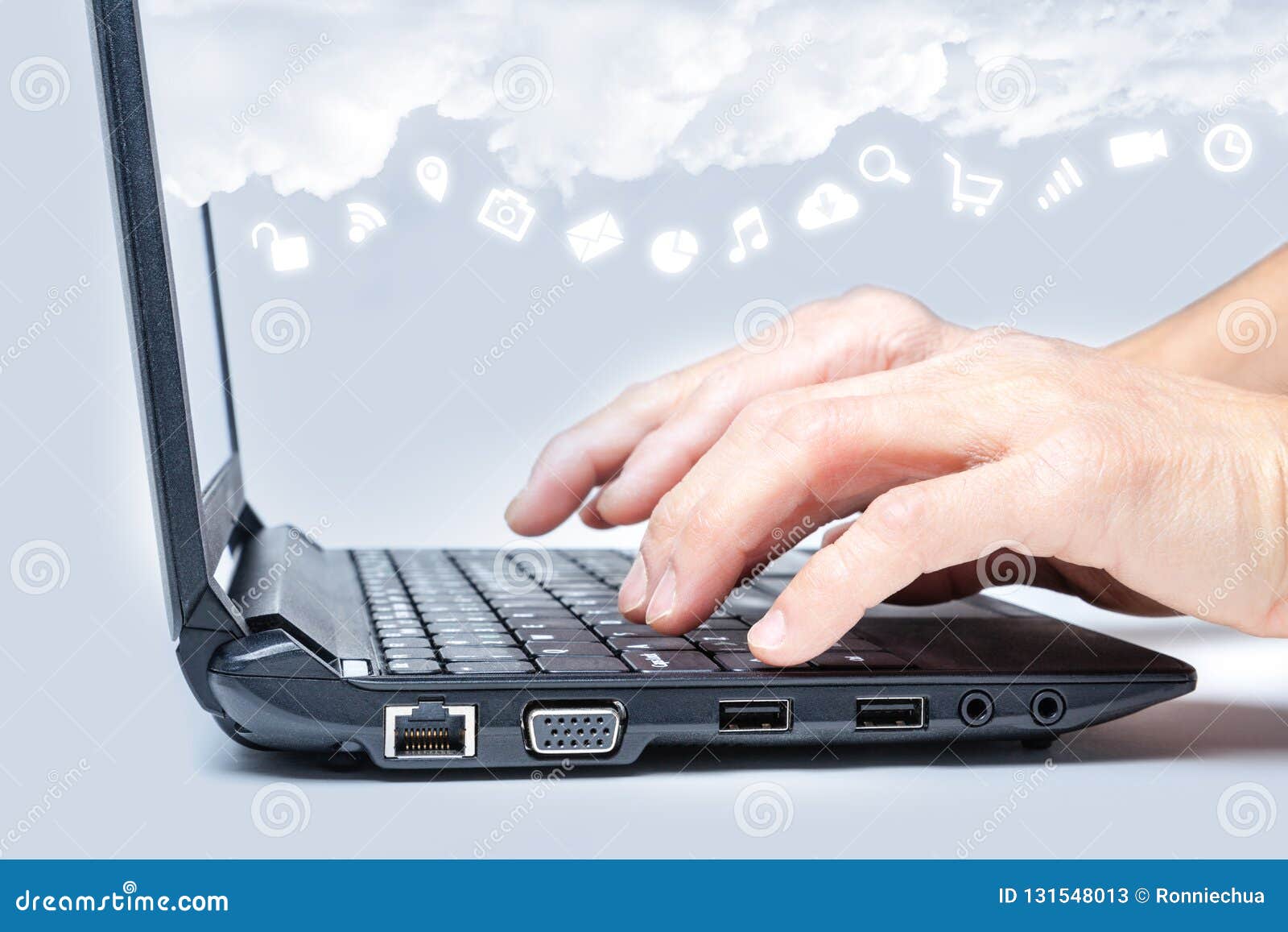 Cloud Computing Concept Showing Hands Typing on Computer Keyboard with ...