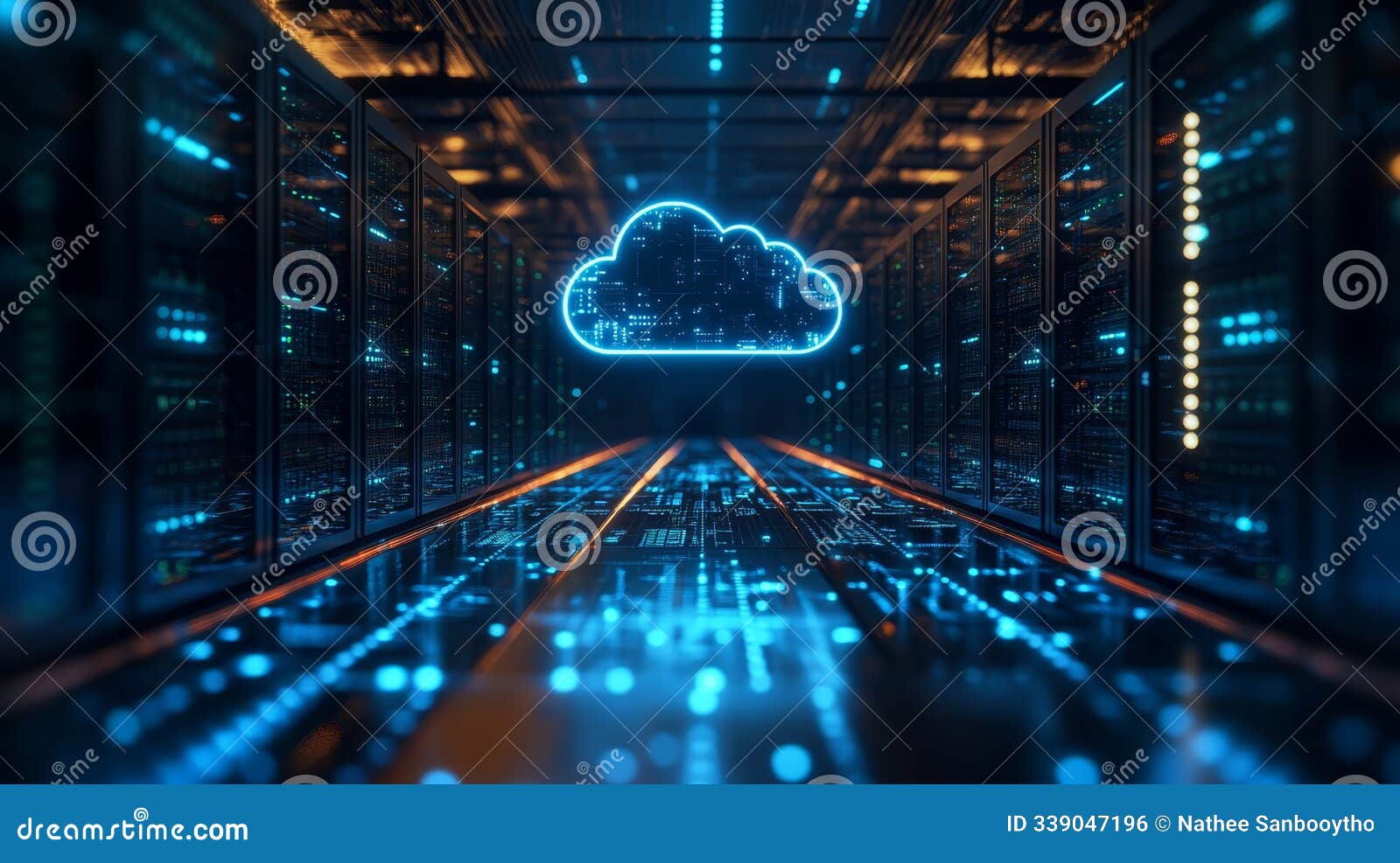 Cloud Computing Concept, a Single Cloud Floats in Busy Server Room ...