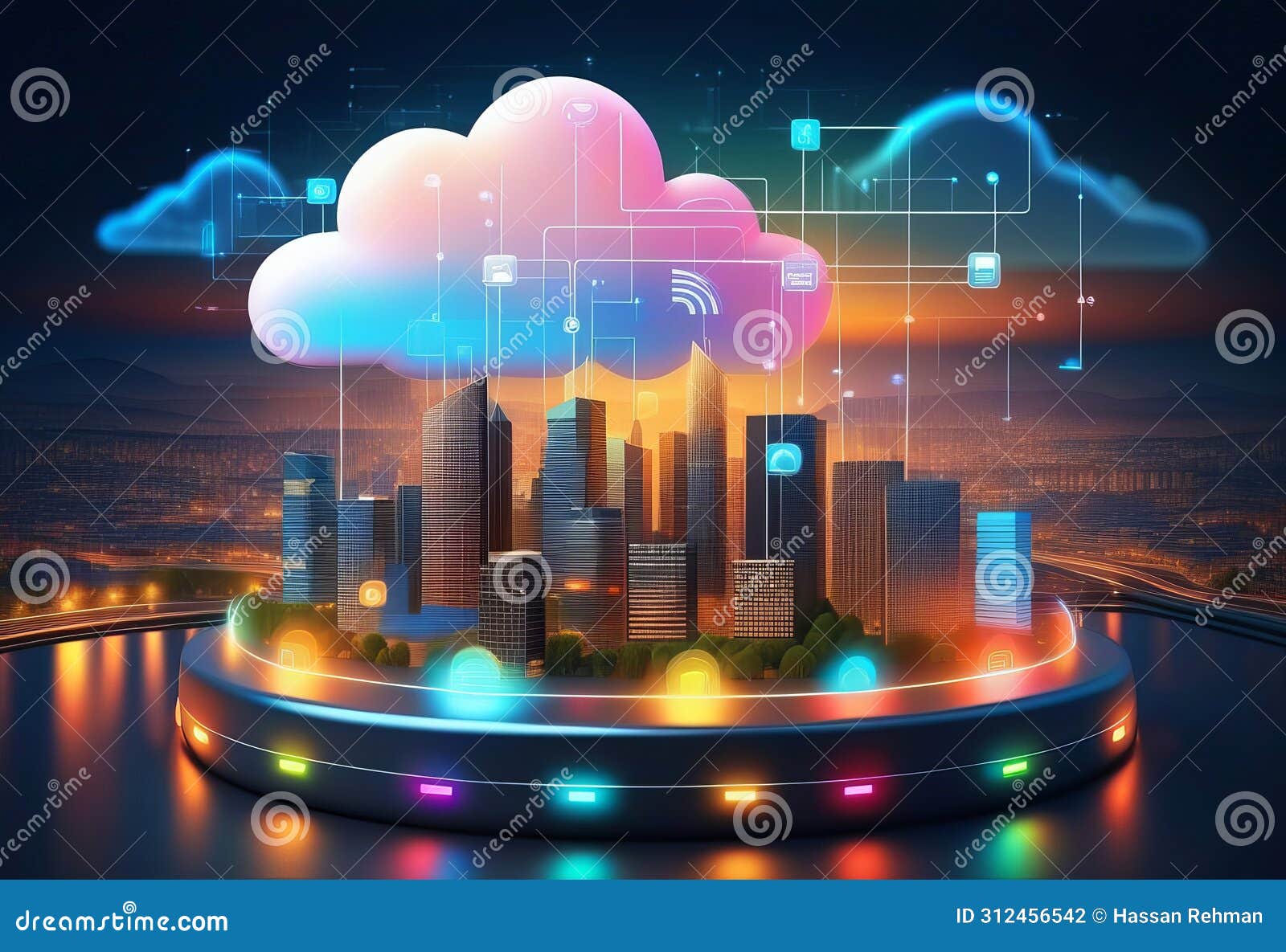 Cloud Computing Concept. Smart City Wireless Internet Communication ...