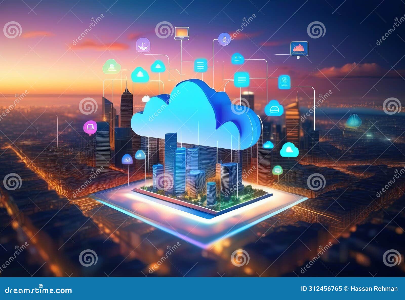 Cloud Computing Concept. Smart City Wireless Internet Communication ...