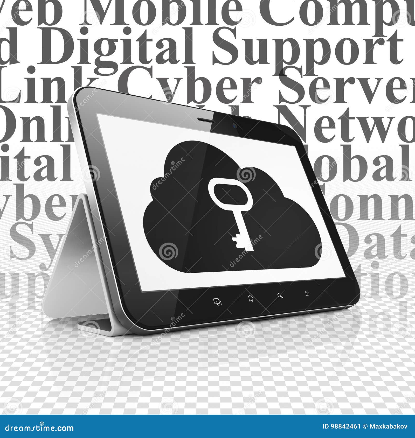 Cloud Computing Concept: Tablet Computer with Cloud with Key on Display ...