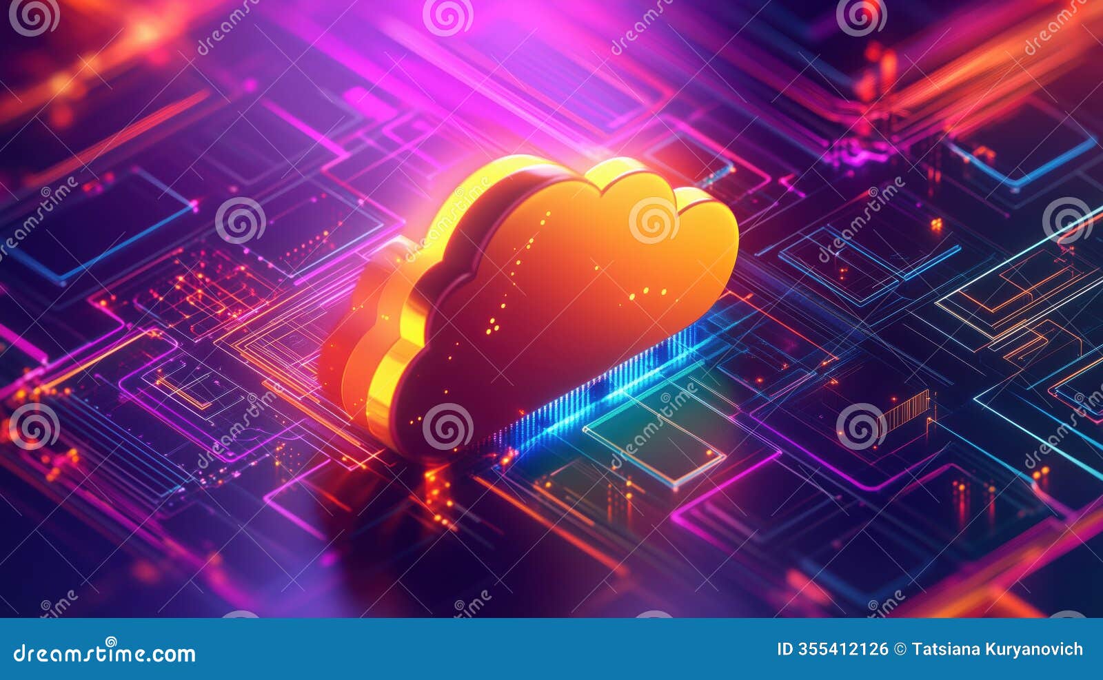 Cloud Computing Concept with Vibrant Neon Colors and Digital Circuits ...