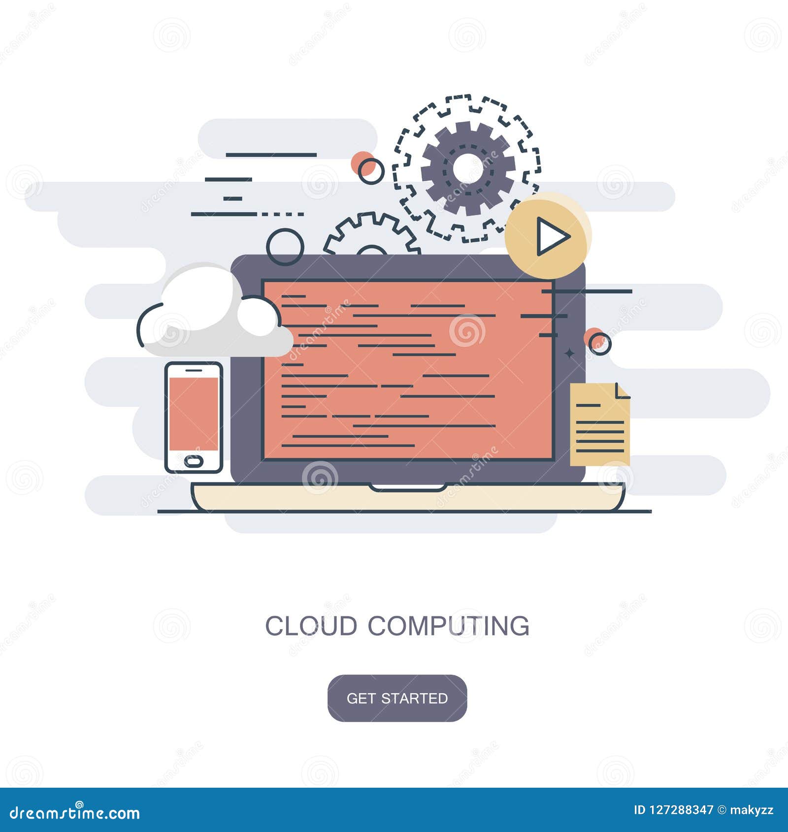 Cloud Computing Concept. Work Desk with Computer Technology, Cell ...