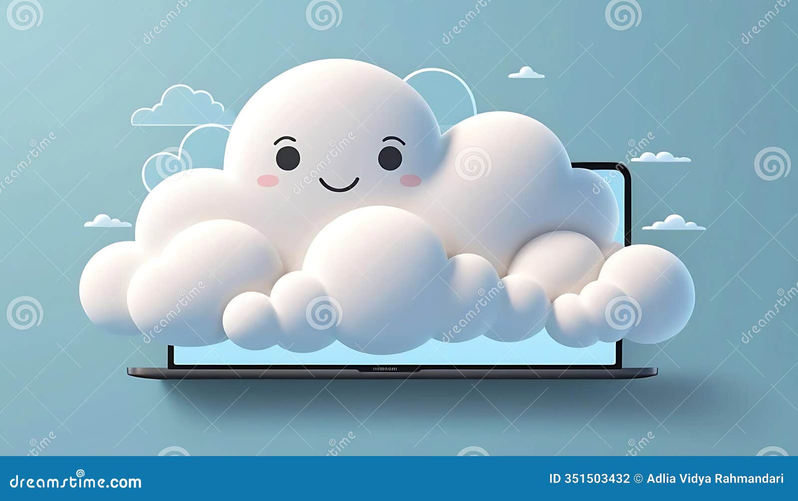 Cloud Computing: Cute Cartoon Cloud on Laptop Screen Stock Illustration ...
