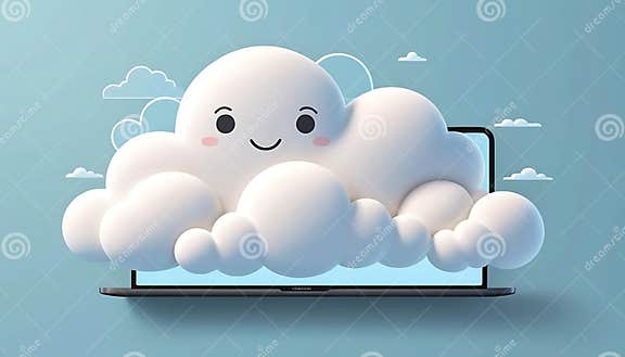 Cloud Computing: Cute Cartoon Cloud on Laptop Screen Stock Illustration ...