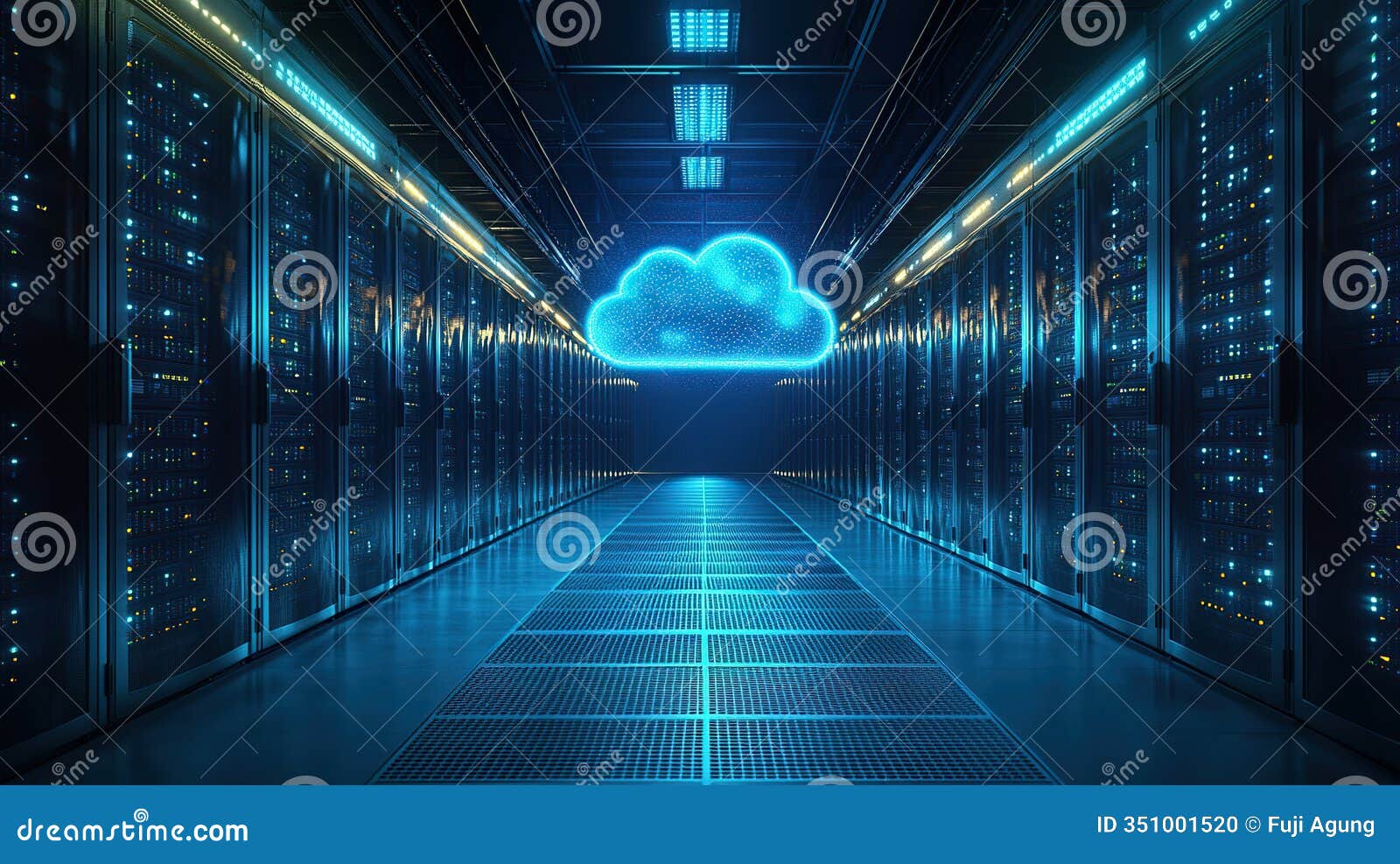 Cloud Computing Data Center Futuristic Server Room with Glowing Cloud Icon Stock Illustration ...