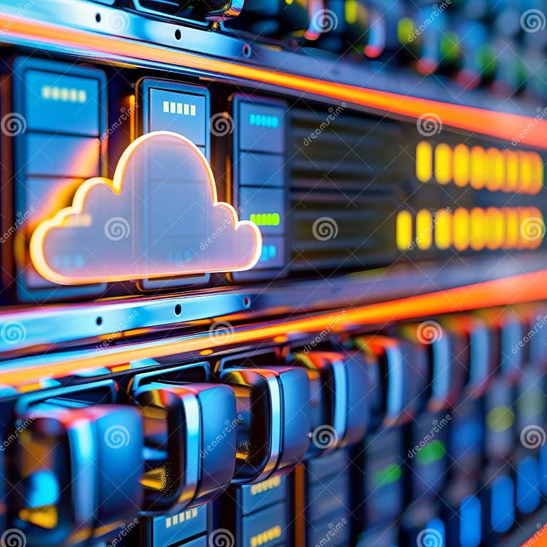 Cloud Computing Data Center with Glowing Neon Cloud Icon Cybersecurity ...