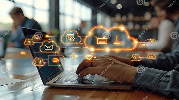 Cloud Computing and Data Management Visualized on Laptop Screen in Office. AI Generated. Stock ...