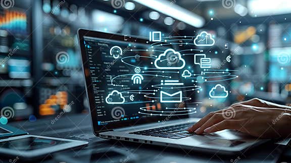 Cloud Computing and Data Management Visualized on Laptop Screen in Office. AI Generated. Stock ...