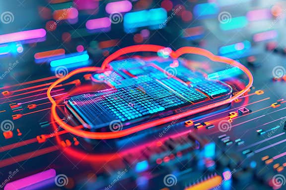 Cloud Computing Data with Neon Glow on Motherboard, Conceptual Image of Digital Technology ...