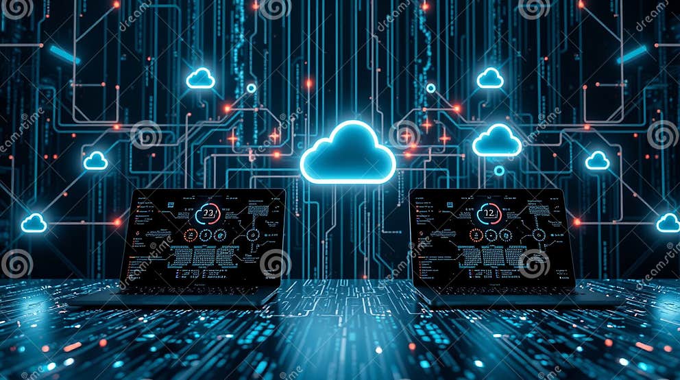 Cloud Computing Data Network with Two Laptops Connected To a Central Cloud Server. Digital ...
