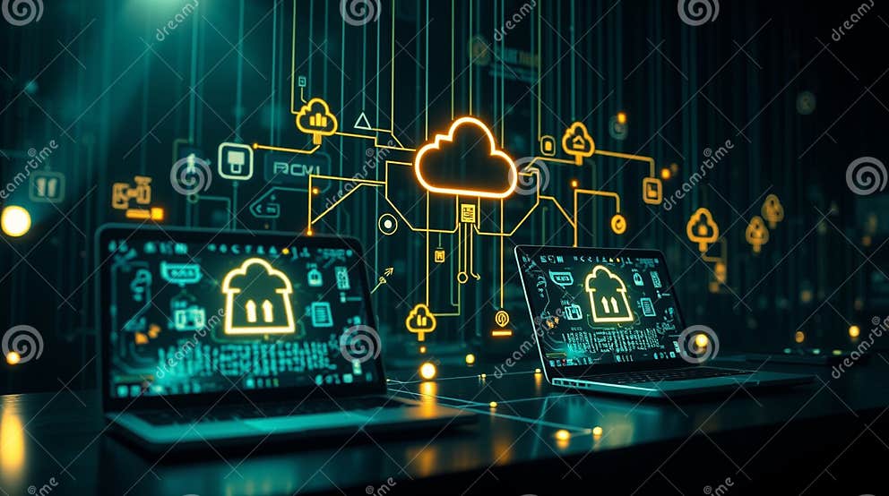Cloud Computing and Data Network Visualization. Two Laptops Display ...