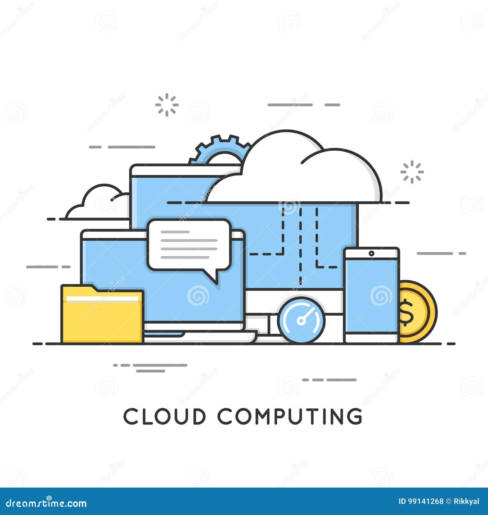 Cloud Computing, Data Storage, Web Services. Flat Line Art Style Concept. Editable Stroke. Stock ...