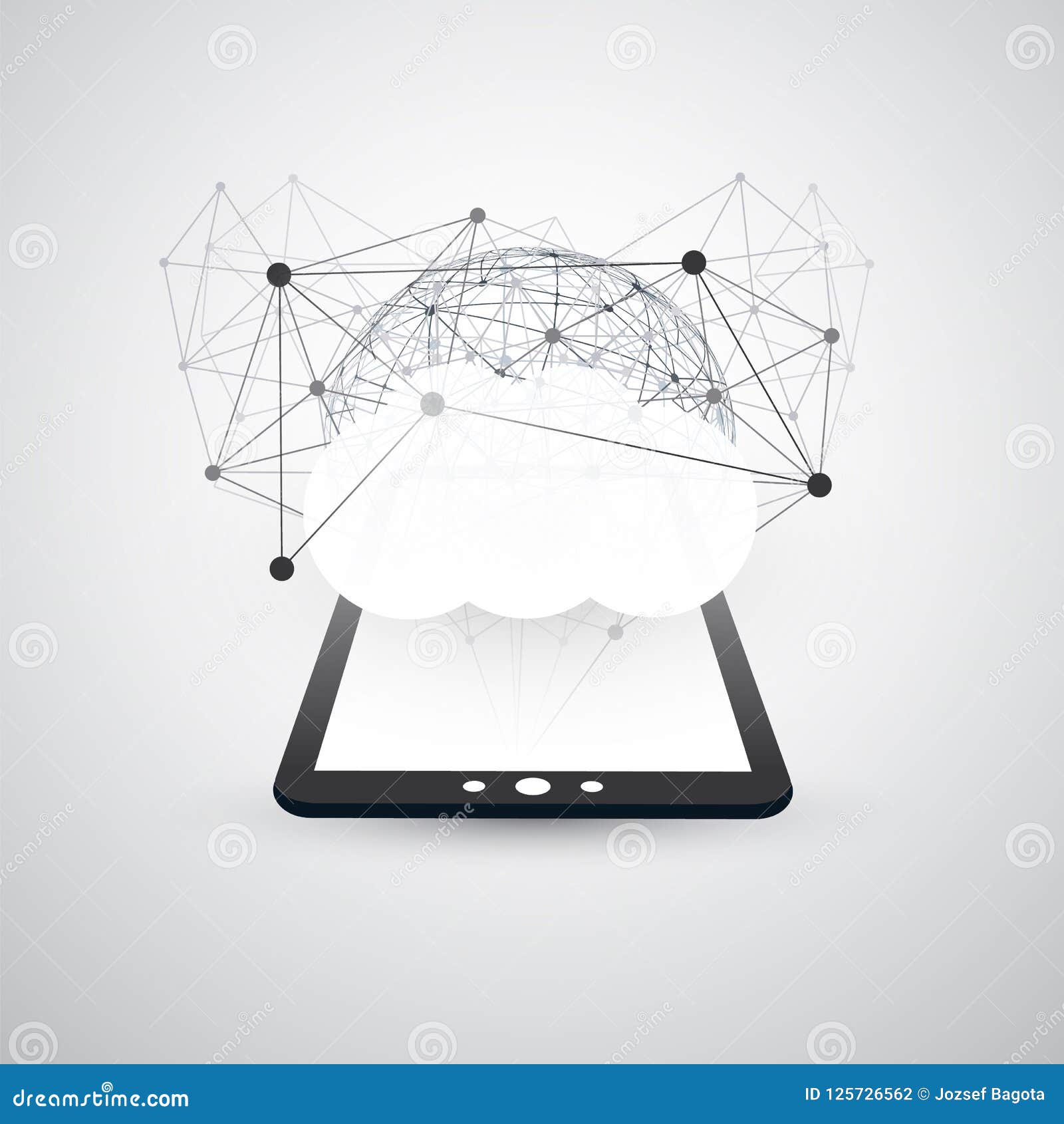 Cloud Computing Design Concept with Tablet and Wireframe Globe - Digital Network Connections ...
