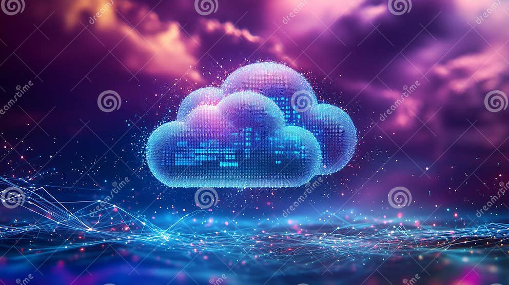 Digital Cloud Computing Network Data Storage Technology Abstract Neon Blue Glow Cyber Lines ...