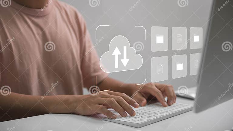 Cloud Computing with Digital File Management, Person Typing on Keyboard with Cloud Icons ...