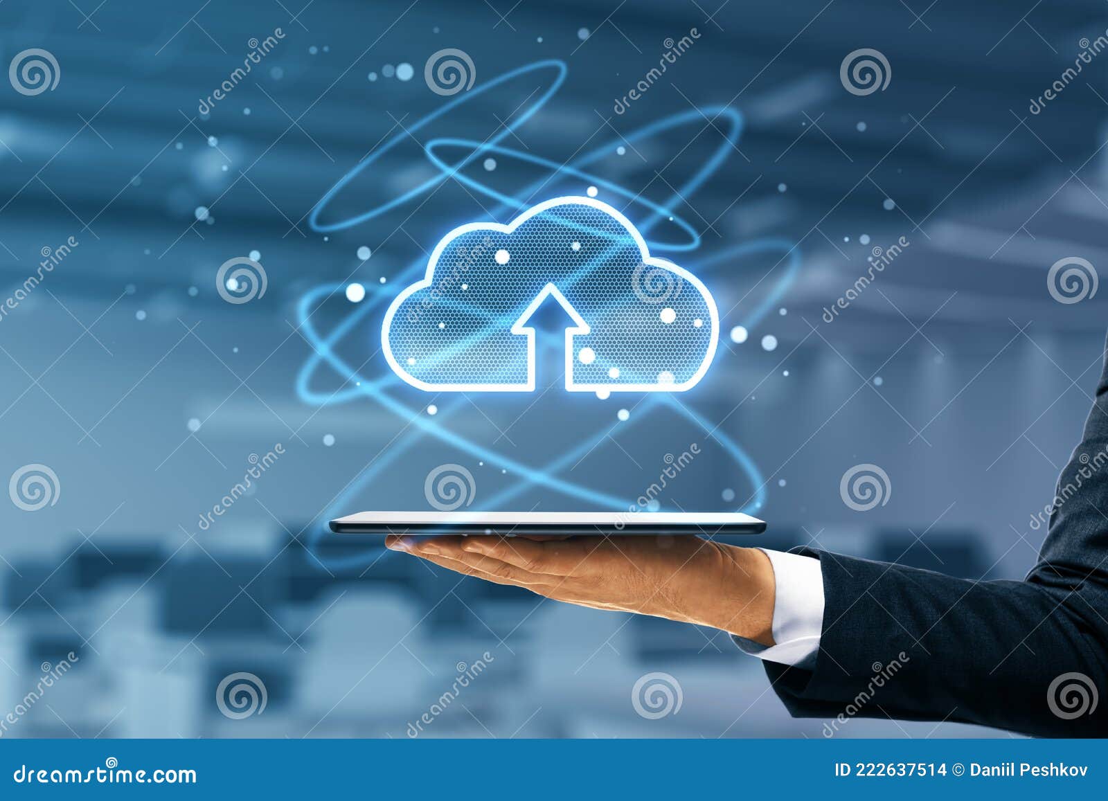 Cloud Computing and Innovation Concept. Businessman Hand Holding Tablet ...
