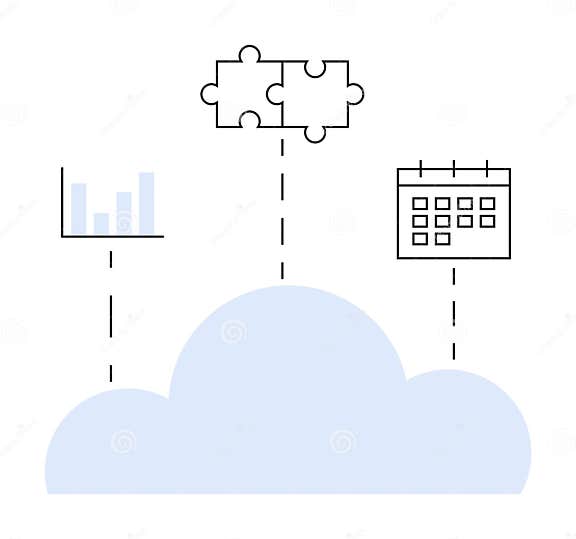 Cloud Computing Integration Depicted with Puzzle, Graph, and Calendar Over a Blue Cloud ...