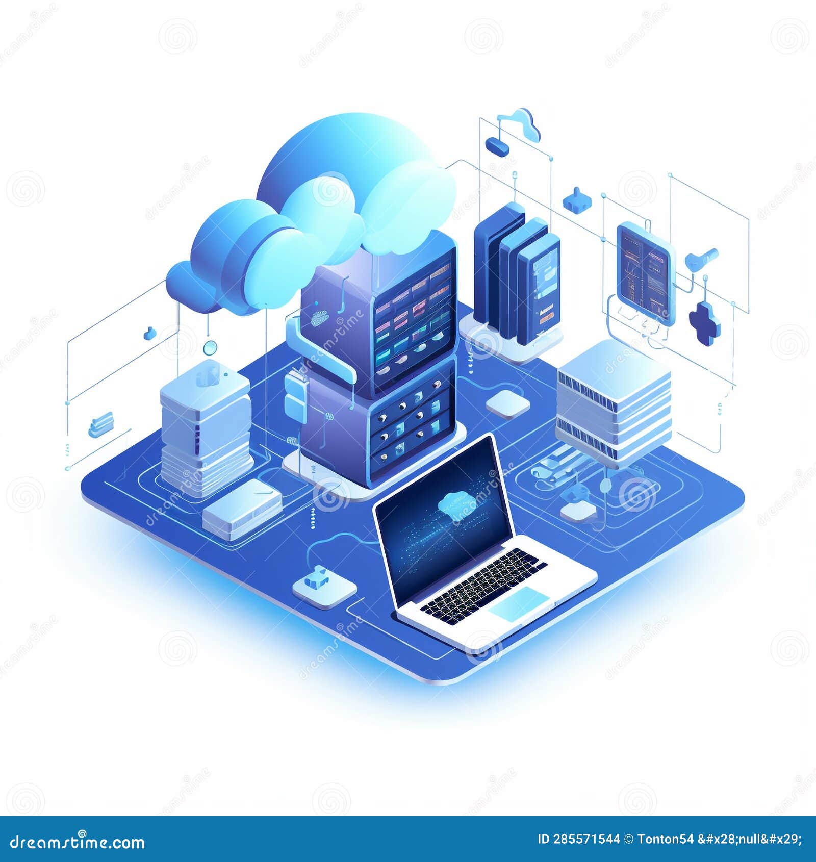 Cloud Computing Isometric Data Information Technology Icons in Isometric Style: Laptop, Server ...