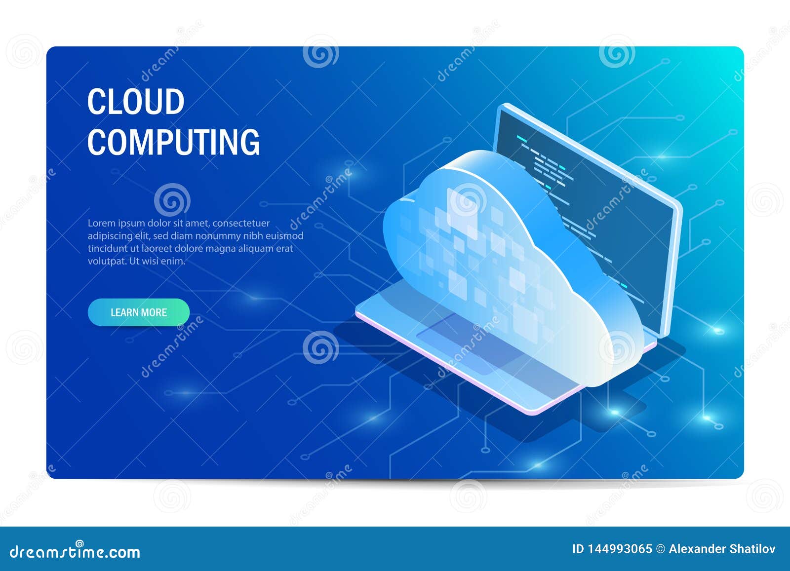 Cloud Computing Isometric Concept. Laptop on the Background of the Chip with Access To the ...