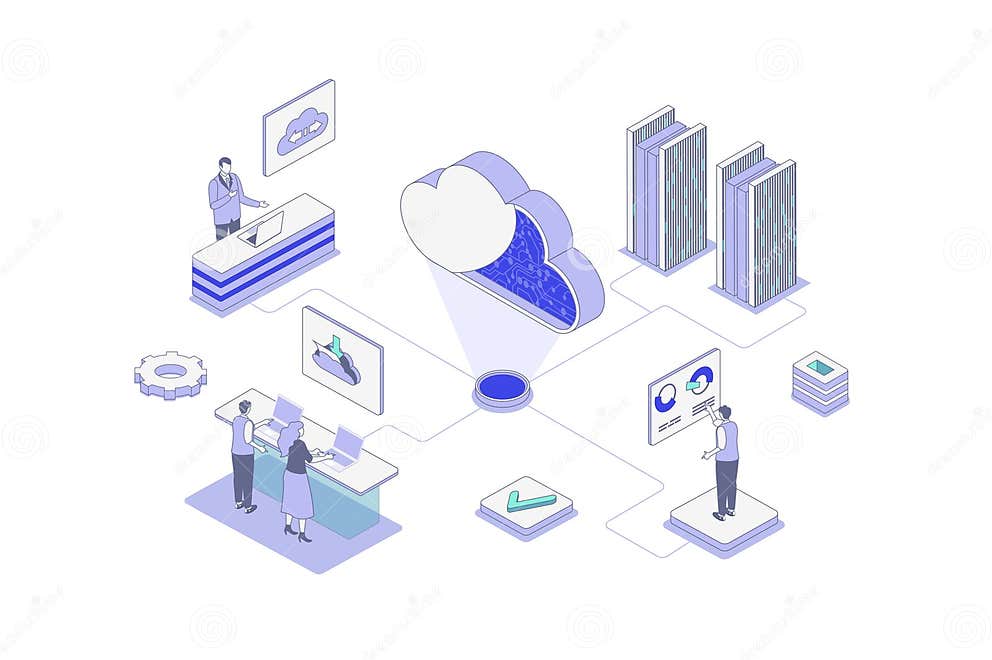 Cloud Computing Isometric Concept in Outline Isometry Design for Web. People Using Online Data ...