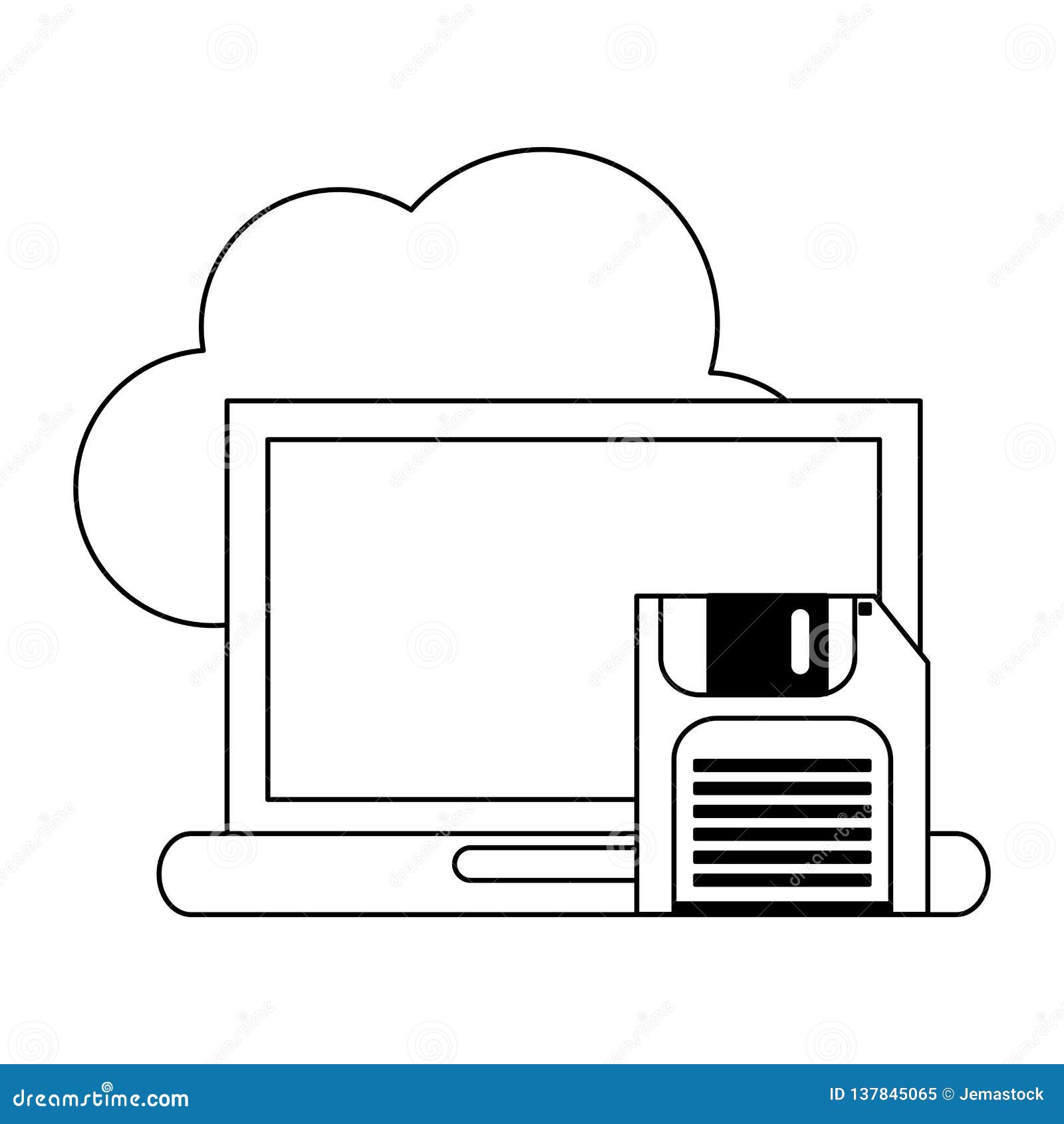 Cloud Computing Laptop and Diskette in Black and White Stock Vector - Illustration of creation ...