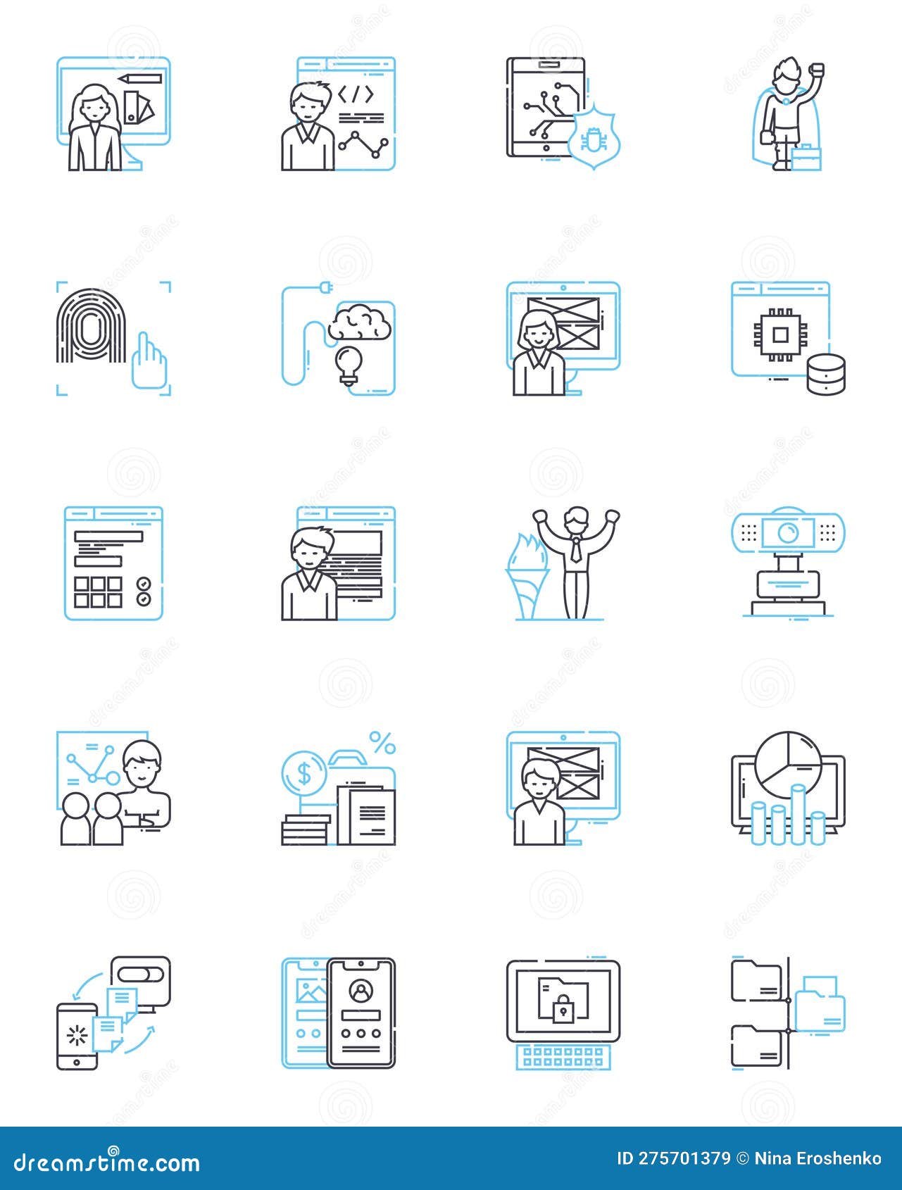 Cloud Computing Linear Icons Set. Virtualization, Accessibility, Elasticity, Scalability ...