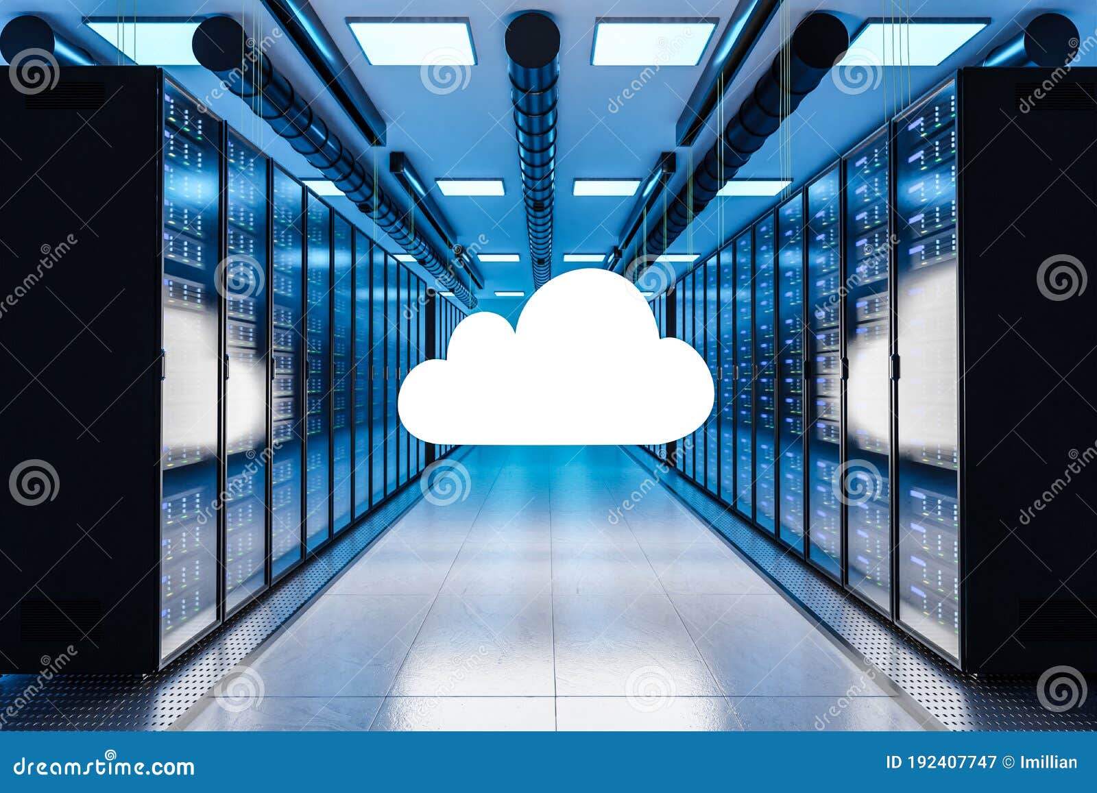 Cloud Computing Logo in Large Modern Data Center with Multiple Rows of ...