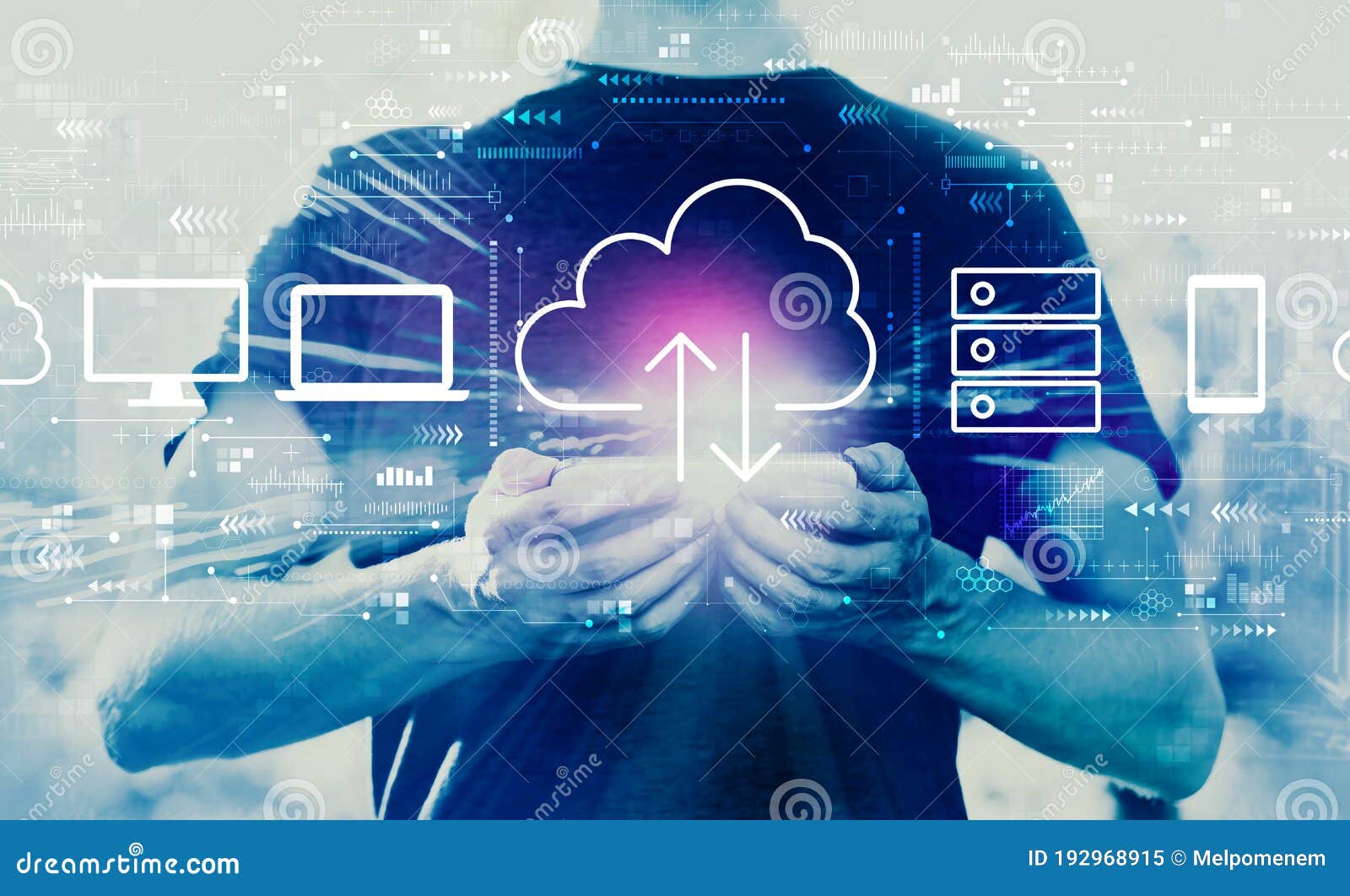 Cloud Computing with Man Holding Smartphone Stock Illustration ...