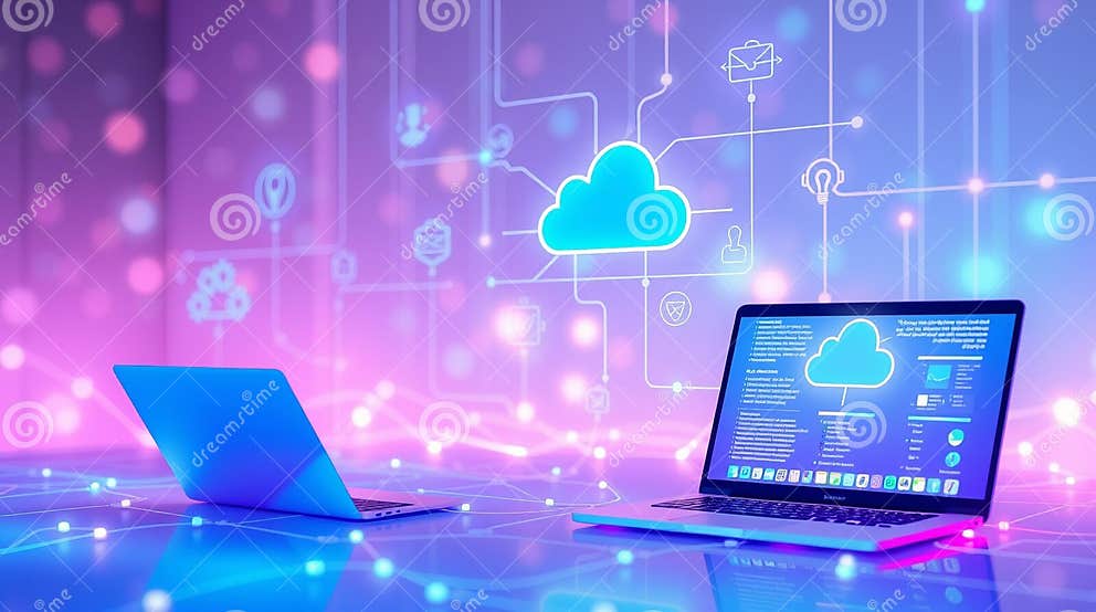 Cloud Computing and Network Technology Visualized on Laptops. Data Flows and Connections ...