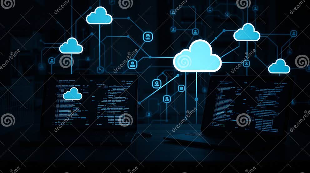 Cloud Computing Network Visualized on Laptops Displaying Code. Data Transfer and Connectivity ...